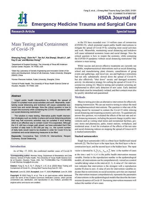 Mass Testing And Containment Of Covid 19 By Herald Scholarly Open