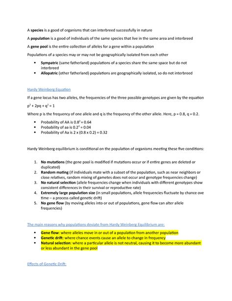 Population Genetics Notes Biol 103 A Species Is A Good Of Organisms