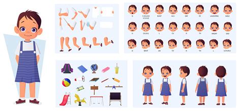 작은 만화 소녀 캐릭터 생성자 립싱크 전면 측면 및 후면 보기 손 제스처 및 애니메이션 벡터 일러스트레이션을 위한 감정 Lip Synching에 대한 스톡 벡터 아트 및