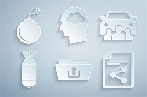 폴더 업로드 자동차 공유 항공 폭탄 파일 공유 구름이 있는 머리 실루엣 및 폭탄 폭발 준비 아이콘을 설정합니다 벡터 3차원 형태에 대한 스톡 벡터 아트 및 기타 이미지