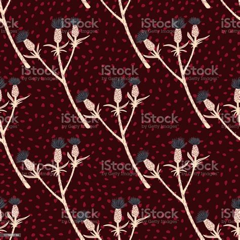 밝은 분홍색 우엉 가지와 어두운 원활한 식물 패턴 적갈색 배경과 붉은 점 0명에 대한 스톡 벡터 아트 및 기타 이미지 0명