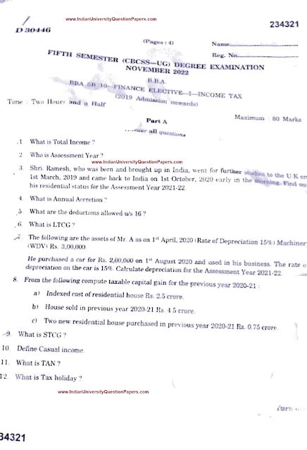 University Of Calicut Ug Bba 5th Sem Bba 5b 10 Finance Elective I Income Tax Nov 2022 Question