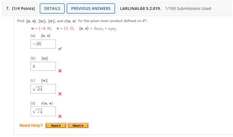Solved Find U V U V And D U V For The Given Inner Chegg Com