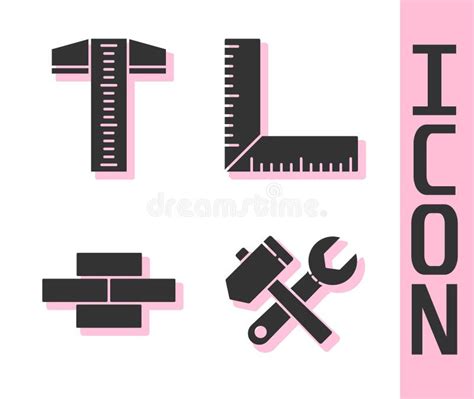 Set Hammer And Wrench Spanner T Square Line Bricks And Corner Ruler Icon Vector Stock Vector