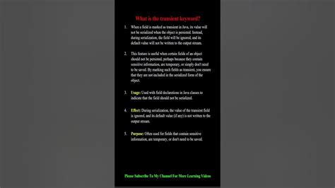 What Is The Transient Keyword In Java Java Javainterviewquestions Youtubeshorts Shorts Youtube