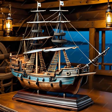 Authentic Pirate Ship Model Display In A Coastal Setting Premium Ai