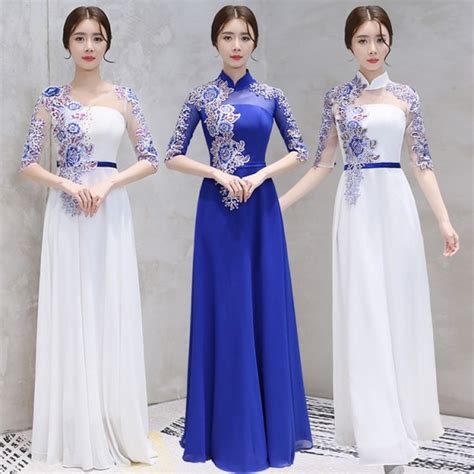 Womens White Royal Blue Chinese Dresses Traditional Qipao Dresses