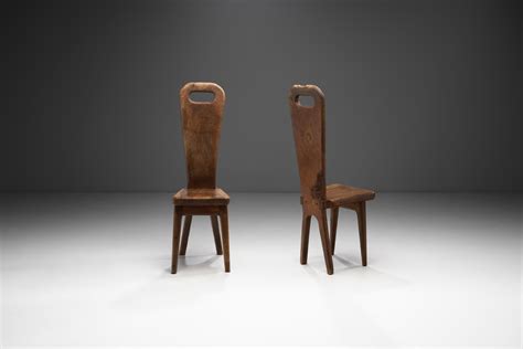 Olive Wood Sculptural High Back French Chairs France Circa 1970s For