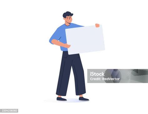 빈 간판을 들고 있는 캐릭터 만화 용지의 텍스트에 대한 자리 표시자입니다 빈 플래카드를 제시하는 행복한 남자 가공의 인물에 대한 스톡 벡터 아트 및 기타 이미지 Istock