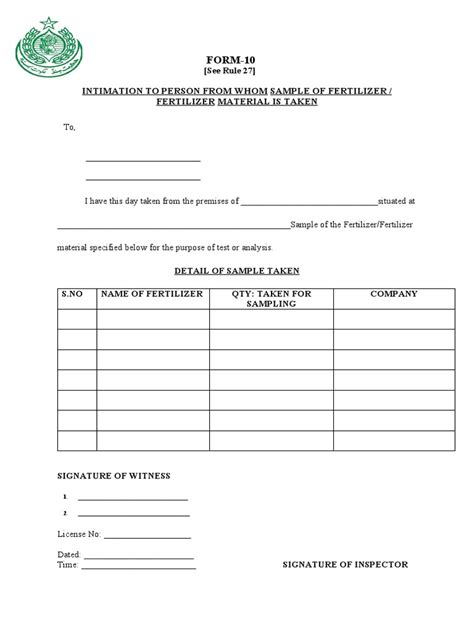 Form 10 Intimation To Person From Whom Sample Of Fertilizer