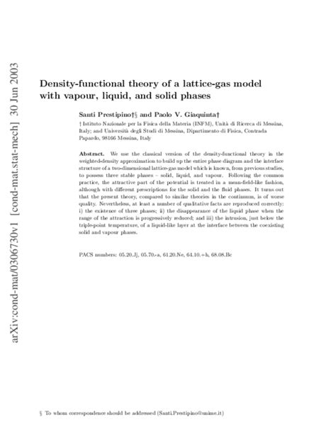 Pdf Density Functional Theory Of A Lattice Gas Model With Vapour