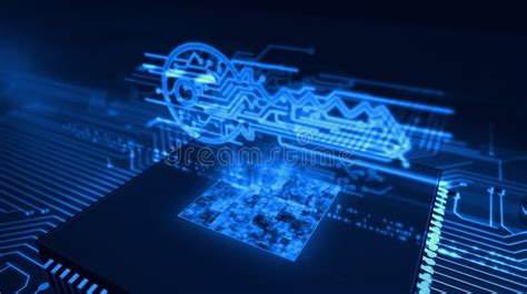 cpu on board with cyber key hologram stock illustration illustration