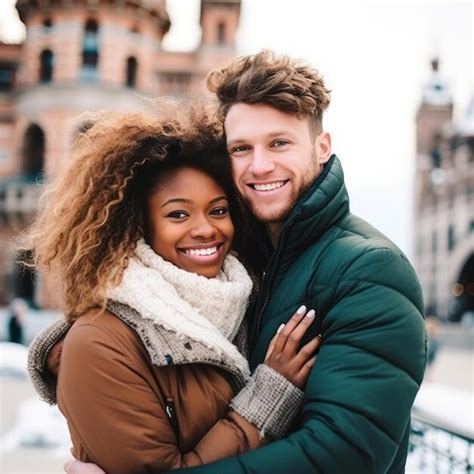 Loving Interracial Couple Is Enjoying A Romantic Winter Day Premium