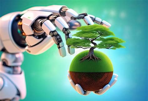 Robot Hand Holding Tree On Digital Ball With Technological Stock Illustration Illustration Of