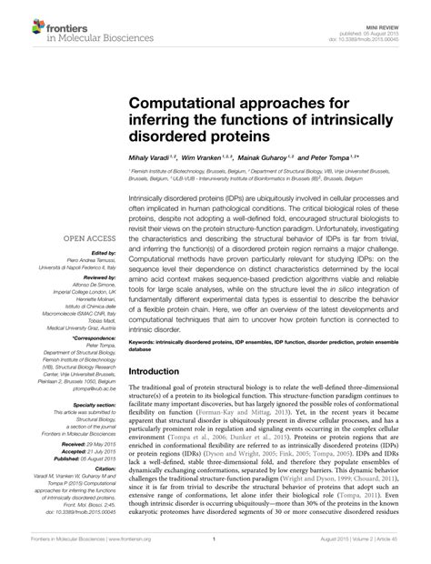 Pdf Computational Approaches For Inferring The Functions Of Intrinsically Disordered Proteins
