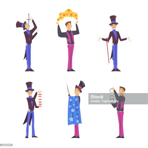 무대 벡터 세트에서 다른 마술 트릭을 수행하는 모자를 쓴 남자 마술사 Carnival에 대한 스톡 벡터 아트 및 기타 이미지 Carnival 사람들