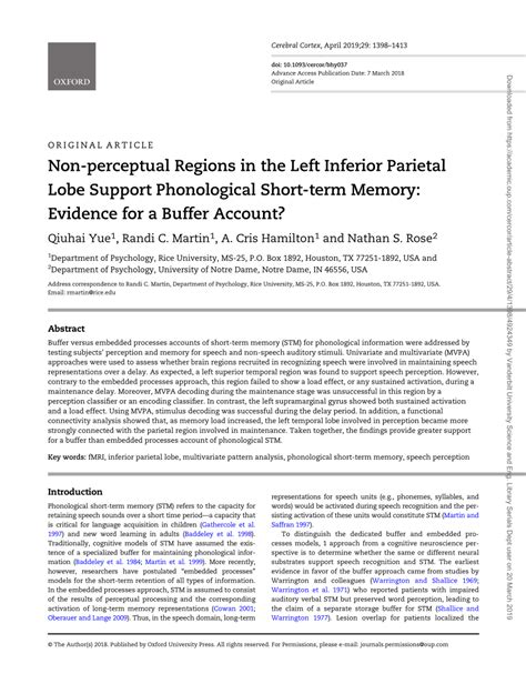 Pdf Non Perceptual Regions In The Left Inferior Parietal Lobe Support Phonological Short Term