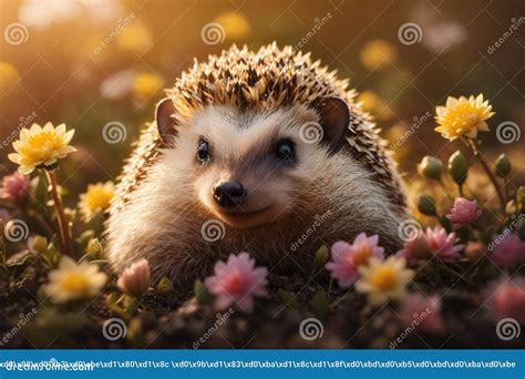 A Cute Hedgehog Face With Spring Flowers Closeup Ai Generative Stock