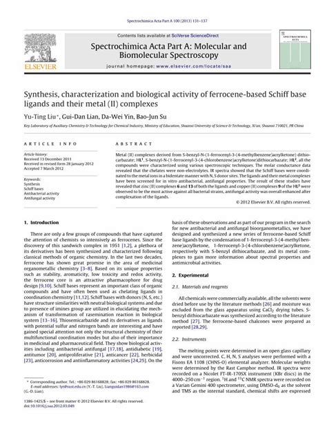Pdf Synthesis Characterization And Biological Activity Of Ferrocene Based Schiff Base Ligands