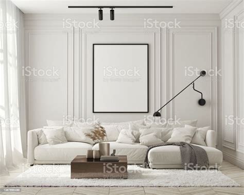 현대적인 인테리어 배경 거실 스칸디나비아 스타일 3d 렌더 3d 일러스트레이션의 포스터 프레임을 모의 거실에 대한 스톡 사진 및