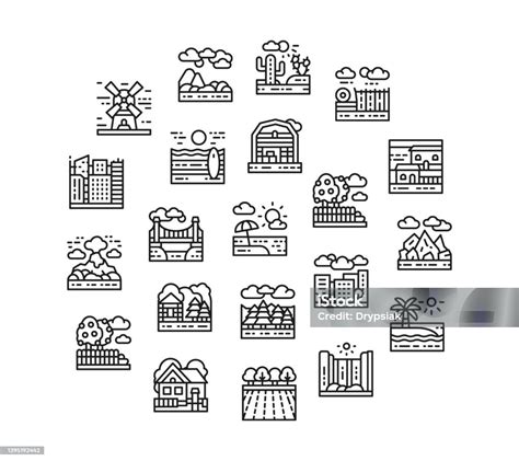 가로 선 아이콘 세트입니다 다리 숲 정원 화산 풍차 아이콘은 흰색 배경에 고립 된 원에 있습니다 개체 그룹에 대한 스톡 벡터 아트 및 기타 이미지 Istock