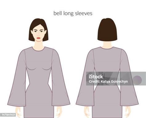 벨 소매 코넷 긴 길이 옷 드레스 탑 셔츠 테크니컬 패션 일러스트레이션에 몸에 맞는 숙녀 플랫 의류 템플릿 앞면 뒷면 여성 남성 남녀 공용 Cad 모형 T 셔츠에 대한 스톡