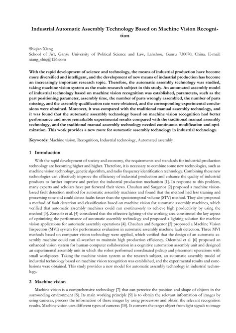 Pdf Industrial Automatic Assembly Technology Based On Machine Vision
