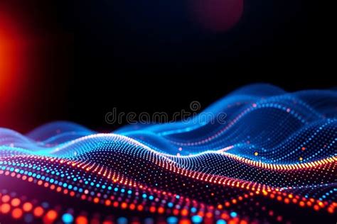 Abstract Dynamic Wave Pattern Of Glowing Red And Blue Dots Data Flow