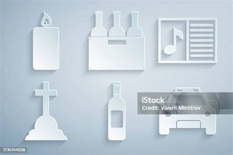와인 한 병 메모가 있는 음악 책 묘비 십자가 경찰차와 점멸 장치 병 상자 및 불타는 촛불 아이콘을 설정합니다 벡터 3차원 형태에 대한 스톡 벡터 아트 및 기타 이미지