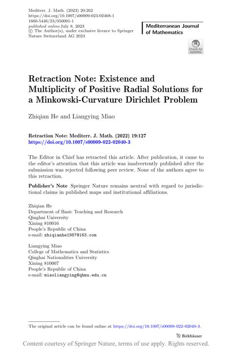 Retraction Note Existence And Multiplicity Of Positive Radial