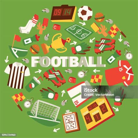 축구 장비 벡터 일러스트와 필드 공 트로피 점수 판 호 각 장갑 제복 목표 빨간색과 노란색 카드 스톱 워치 클 리 트 배경 포스터 배너 경기 스포츠에 대한 스톡 벡터 아트