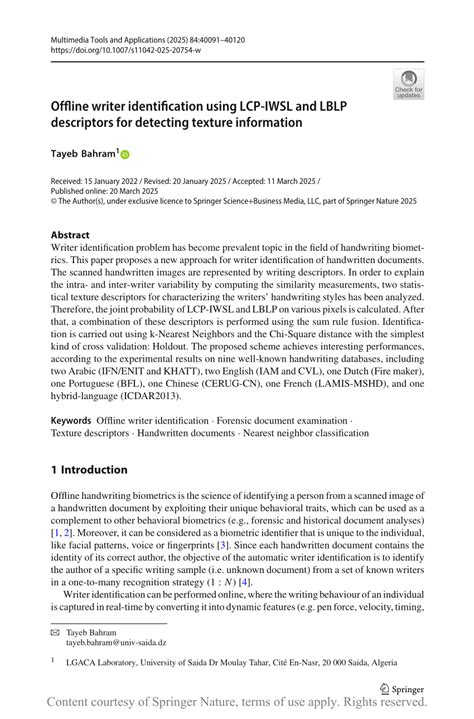 Offline Writer Identification Using Lcp Iwsl And Lblp Descriptors For