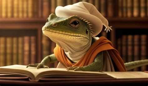 A Lizard With A Hat Reading A Book Premium Ai Generated Image