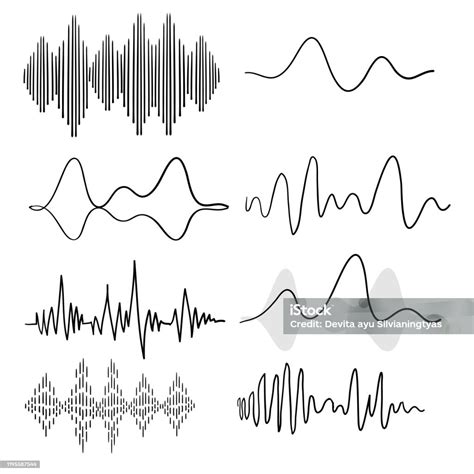 검은 음파 음악 오디오 주파수 음성 선 파형 전자 라디오 신호 볼륨 레벨 기호 핸드 그린 낙서 벡터 맥박 추적에 대한 스톡 벡터