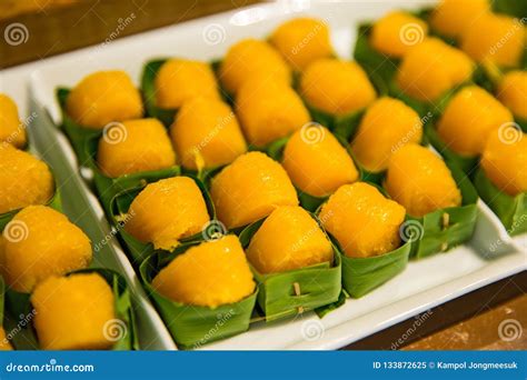 Assorted Thai Dessert Thong Yip In Banana Leaf In White Plate Stock