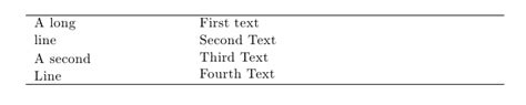 spacing horizontally align multi line cell in table tex latex