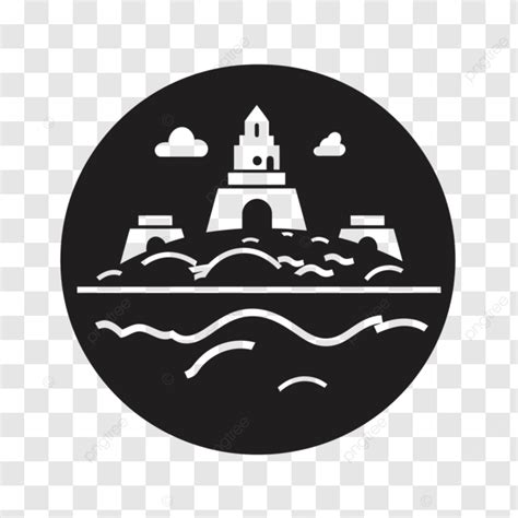 물 위에 랜드마크 성을 보여주는 검은색 아이콘 벡터 흰색 배경에 있는 단순한 검은색 고고학 아이콘 그림자 없음 작은 프레임 중앙 Png 일러스트 및 벡터 에 대한
