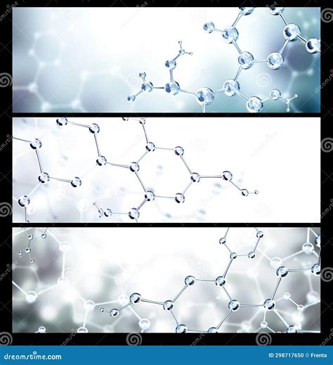 Set Of Horizontal Banners With Models Of Abstract Molecular Structure On Blue Background Copy