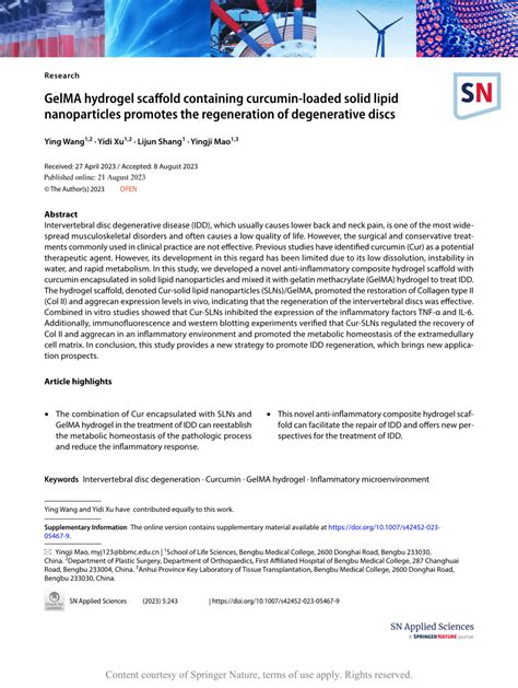 Pdf Gelma Hydrogel Scaffold Containing Curcumin Loaded Solid Lipid Nanoparticles Promotes The
