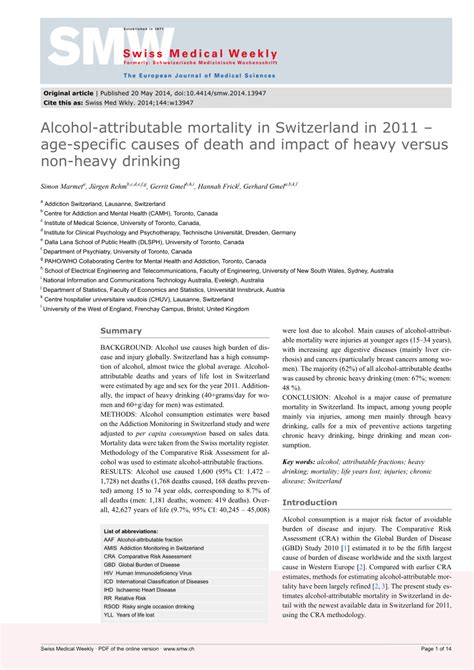 Pdf Alcohol Attributable Mortality In Switzerland In 2011 Age