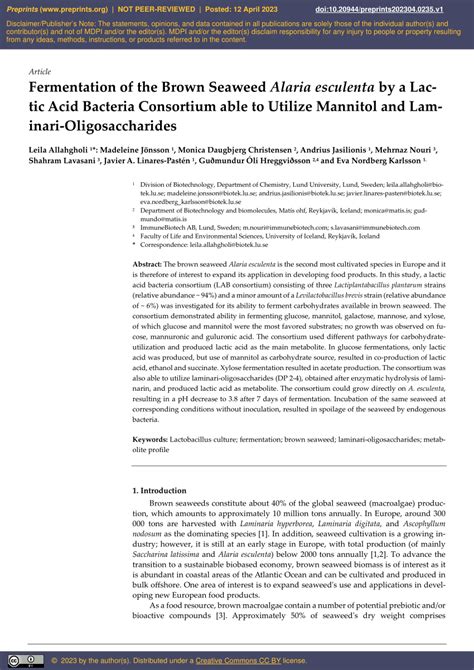 Pdf Fermentation Of The Brown Seaweed Alaria Esculenta By A Lactic Acid Bacteria Consortium