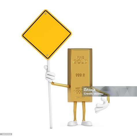 골든 바 만화 인물 캐릭터 마스코트와 노란색 도로 표지판이 당신의 디자인을 위한 여유 공간이 있습니다 3d 렌더링 3차원 형태에 대한 스톡 사진 및 기타 이미지 Istock