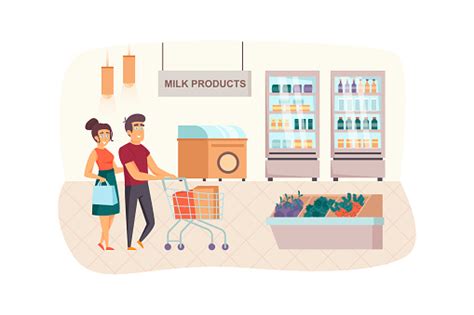 슈퍼마켓 현장에서 커플 쇼핑 식료품 점에서 우유 제품을 구입하는 남자와 여자 가족 일상 소매 및 판매 개념 인물 캐릭터의 벡터 그림 가족에 대한 스톡 벡터 아트 및 기타