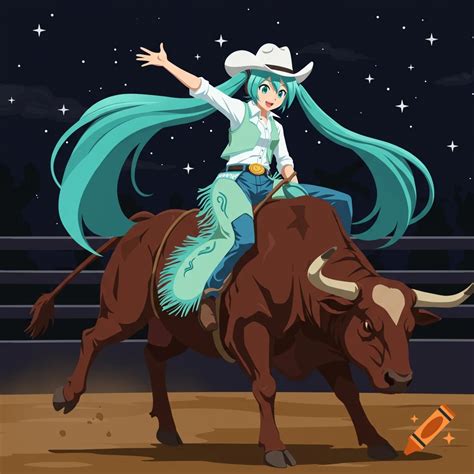 Hatsune Miku In A Cowgirl Hat And Western Attire Riding A Bucking Bull
