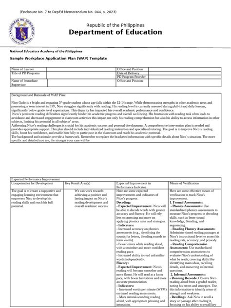 Workplace Application Plan Wap Necy2 Pdf Reading Comprehension Phonics