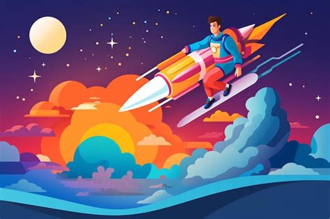 Premium Vector Young Man Flying Rocket Universe Concept