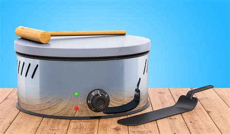 팬케이크 제작자 또는 나무 테이블에 주방 기구와 크레페 메이커 3 차원 렌더링 3차원 형태에 대한 스톡 사진 및 기타 이미지 3차원 형태 기계류 단일 객체 Istock