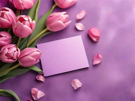 Premium Photo Top View Emty Card Mockup With Pink Tulips Flowers In