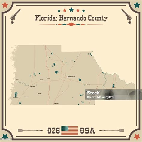 Large And Accurate Map Of Hernando County Florida Usa With Vintage Colors Stock Illustration