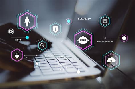 Premium Photo Holographic Security Icons Over Laptop Keyboard Indicating Data Protection And